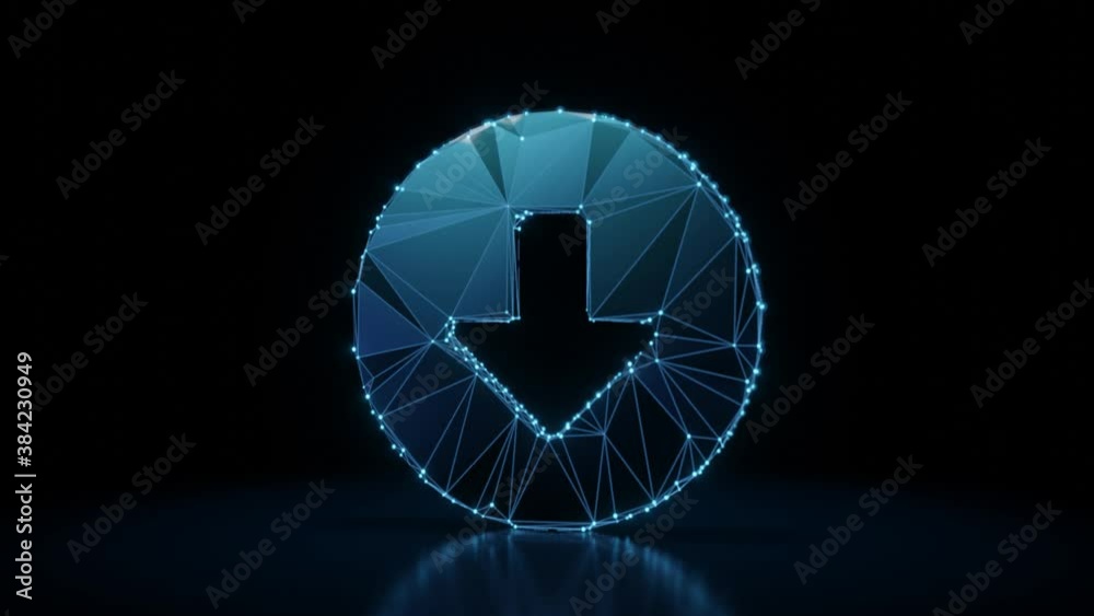 3d rendering 4k fly through wireframe neon glowing symbol of close down rounded arrow in circle ...