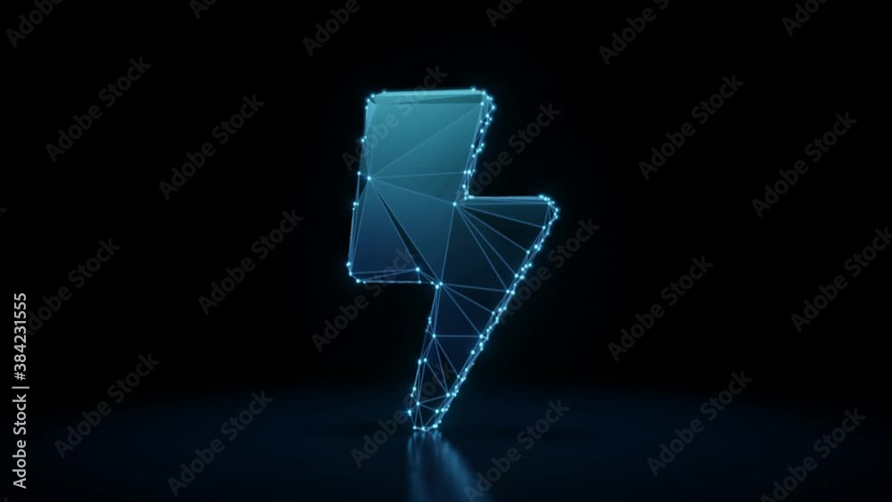 3d rendering 4k fly through wireframe neon glowing symbol of bolt of ...