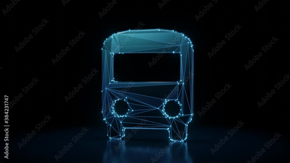 3d rendering 4k fly through wireframe neon glowing symbol of front view of a bus with bright ...
