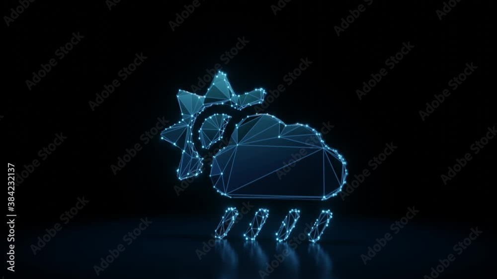 3d rendering 4k fly through wireframe neon glowing symbol of rainy cloud partly cover sun with ...