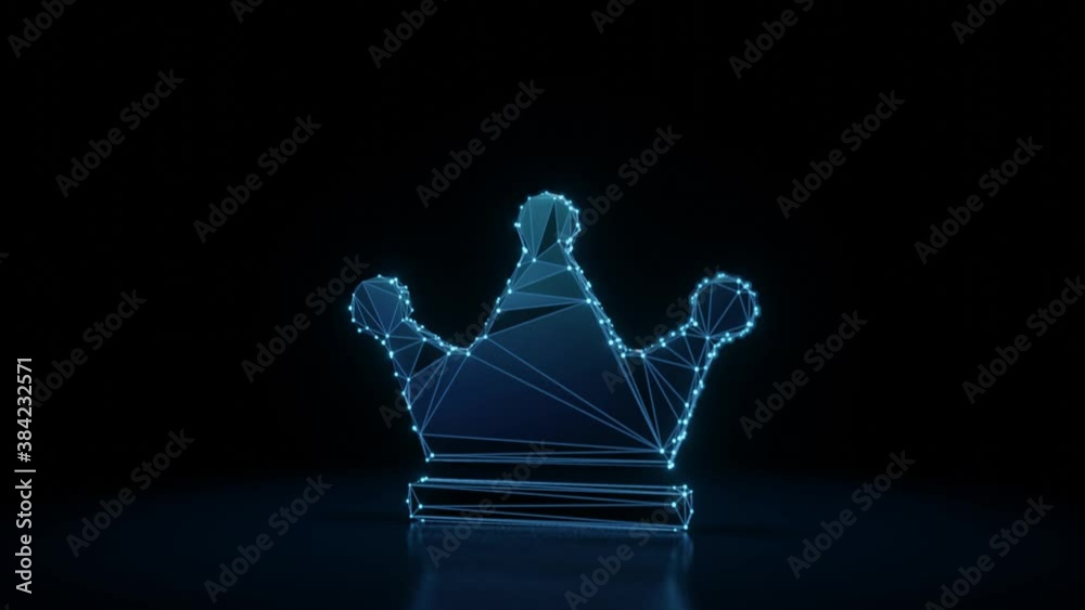 3d rendering 4k fly through wireframe neon glowing symbol of crown with ...