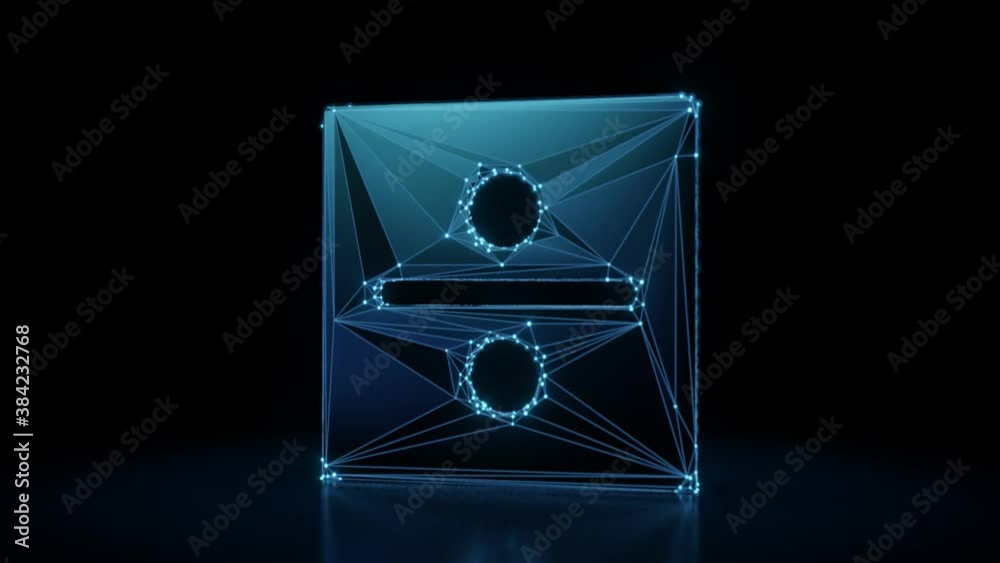3d rendering 4k fly through wireframe neon glowing symbol of divide symbol in square with bright ...