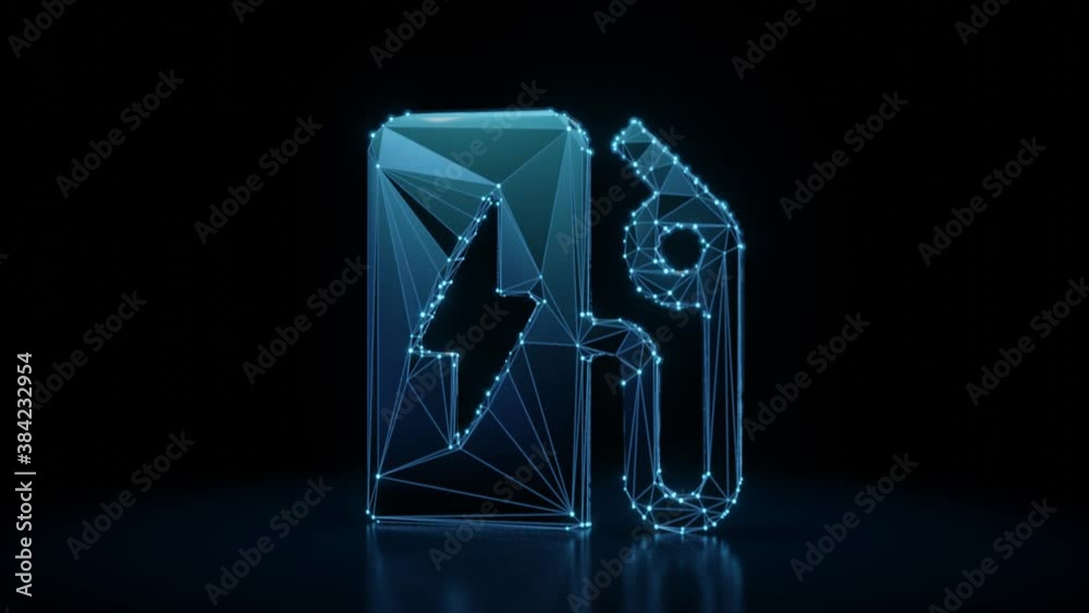 3d rendering 4k fly through wireframe neon glowing symbol of electric station with bright dots ...