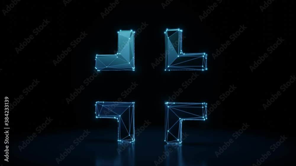 3d rendering 4k fly through wireframe neon glowing symbol of exit arrows with bright dots on ...