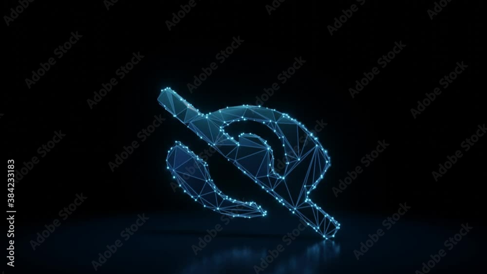 3d rendering 4k fly through wireframe neon glowing symbol of eye with slash with bright dots on ...