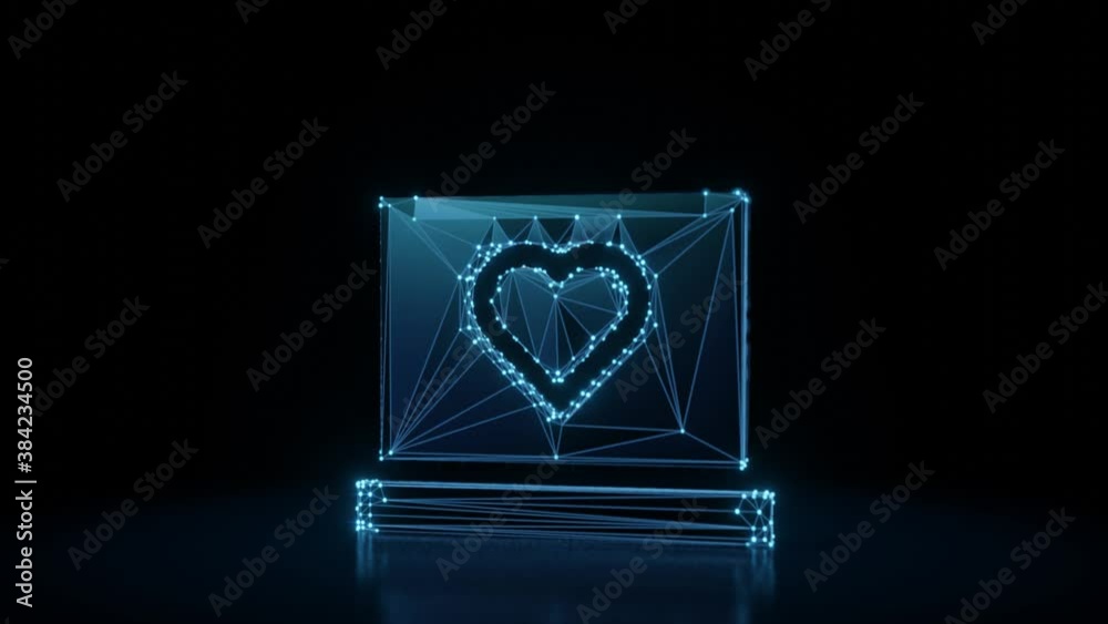 3d rendering 4k fly through wireframe neon glowing symbol of laptop with heart on screen with ...