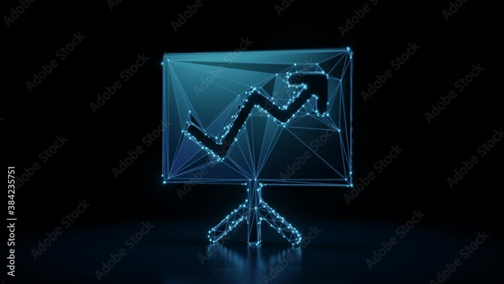 3d rendering 4k fly through wireframe neon glowing symbol of presentation board with arrow chart ...