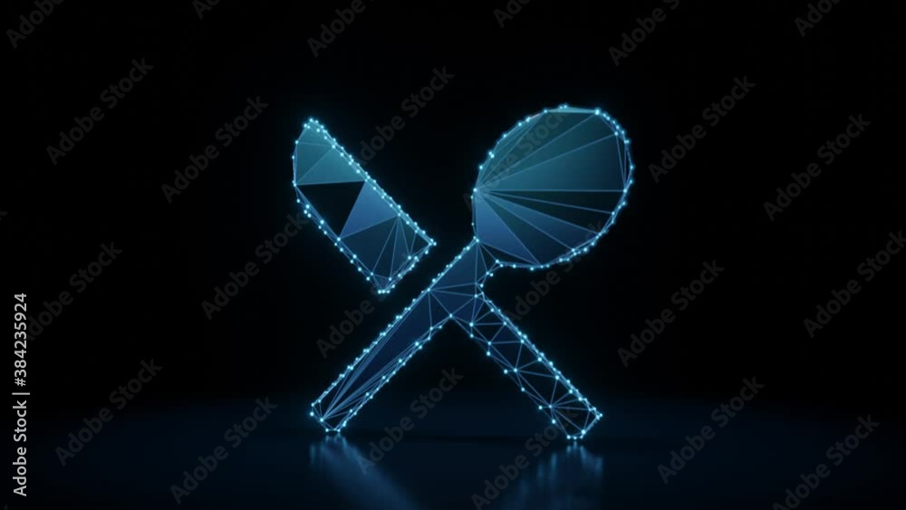 3d rendering 4k fly through wireframe neon glowing symbol of cross from spoon and knife with ...