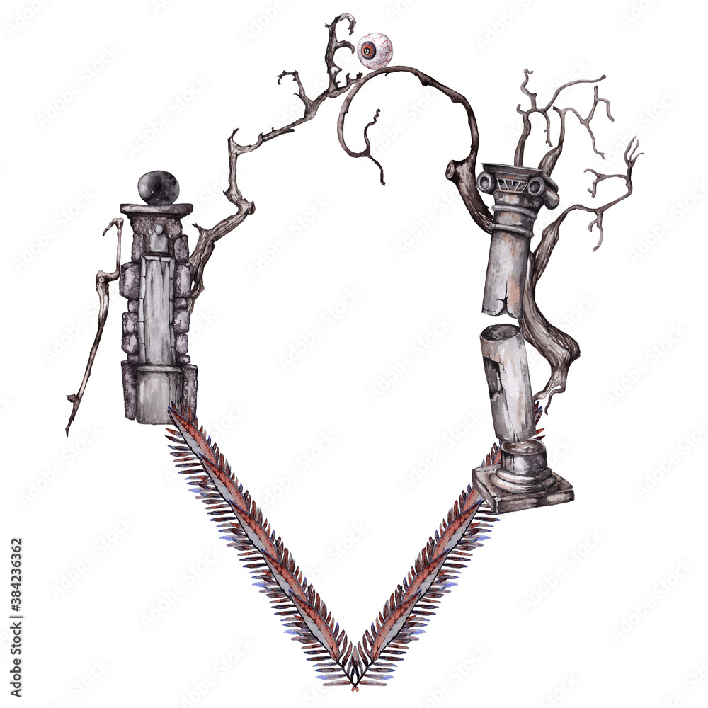 Horror frame in gothic style. Antique ruins and dry spooky trees with ...