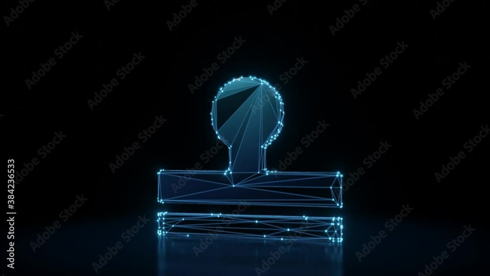 3d rendering 4k fly through wireframe neon glowing symbol of stamp with rounded handle with ...