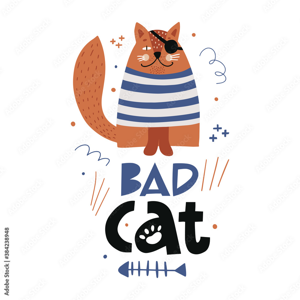 Funny cat is a bad cat, clipart with typography. Modern baby print ...