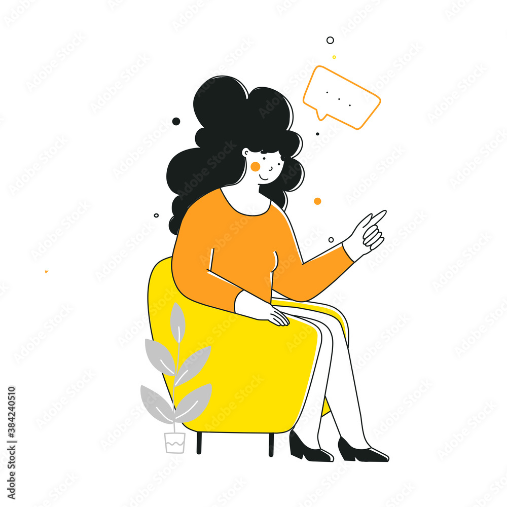 Cartoon woman in chair. Girl character design. Flat vector cartoon ...