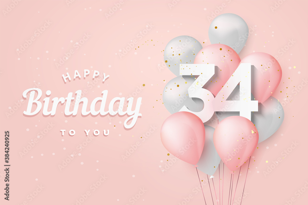 Happy 34th birthday balloons greeting card background. 34 years ...