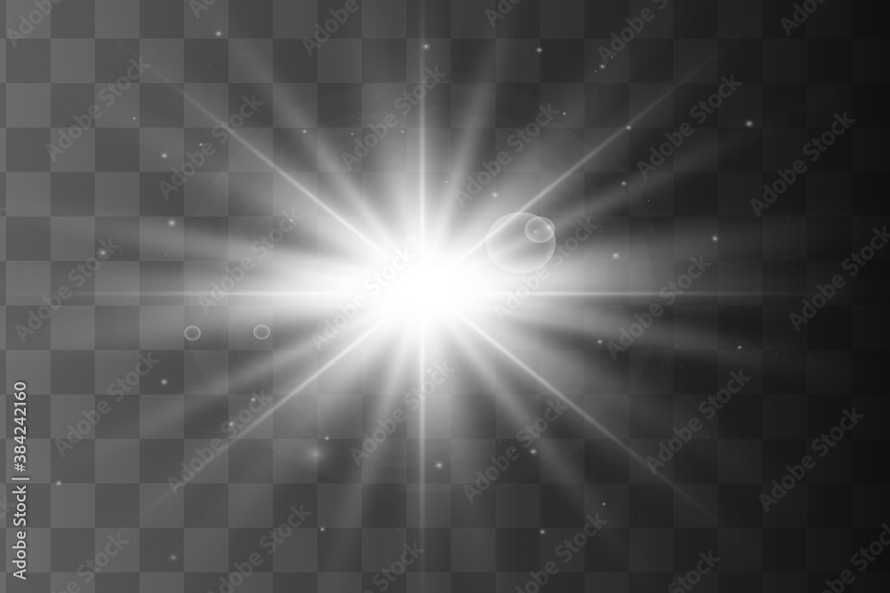 White glowing light explodes on a transparent background. Sparkling ...