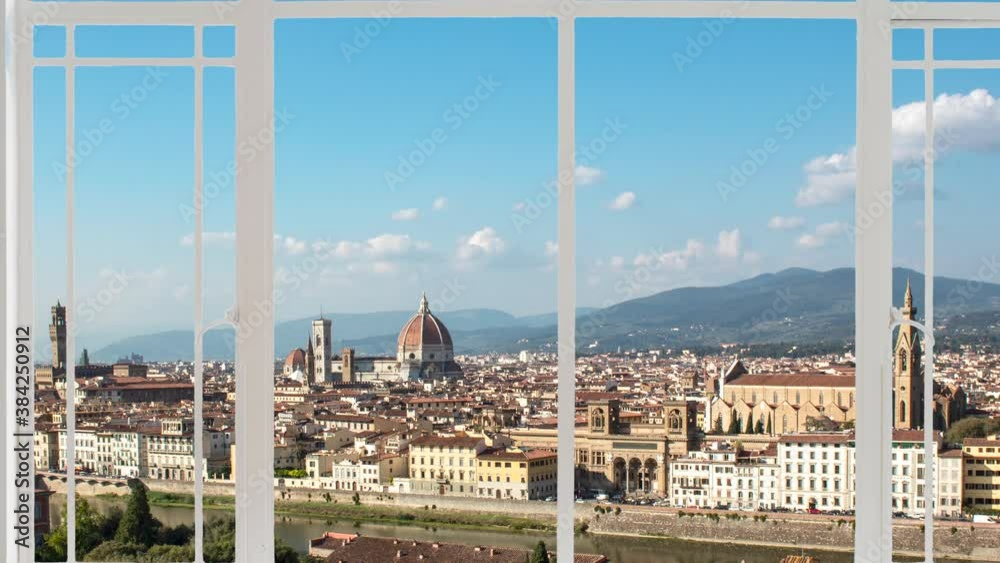 Florence cityscape as seen from a white window while birds are flying ...