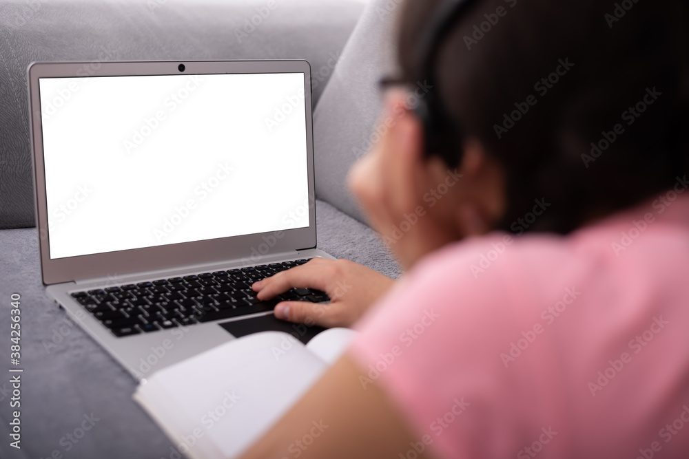 Social distancing student concept, education at home. High school girl ...