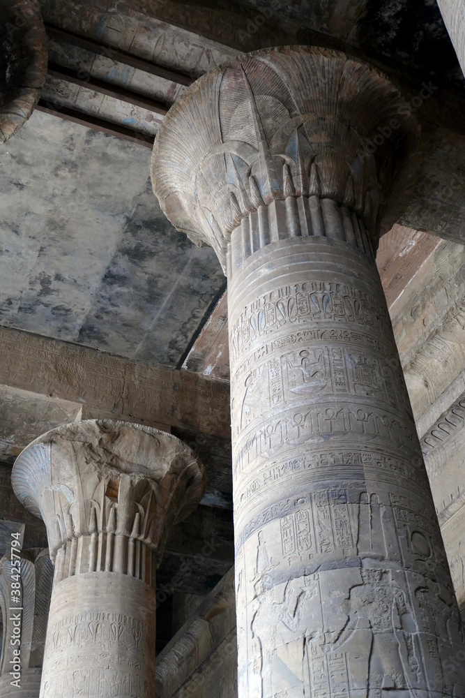 Massive columns of the hypostyle hall of the Temple of Edfu Stock Photo ...