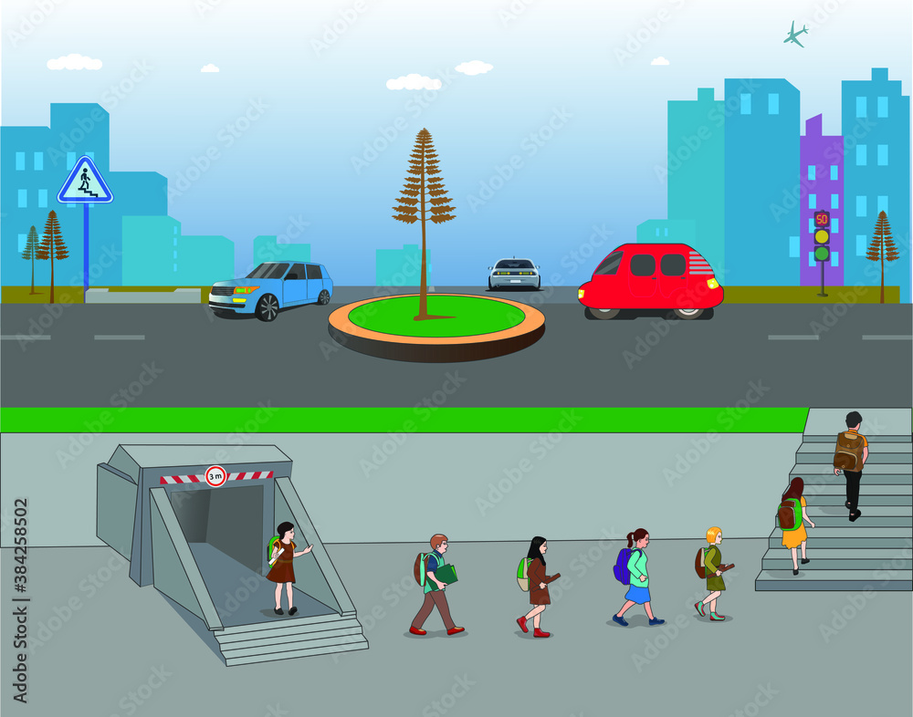 underpass, footbridge, overpass, children using pedestrian crossing ...