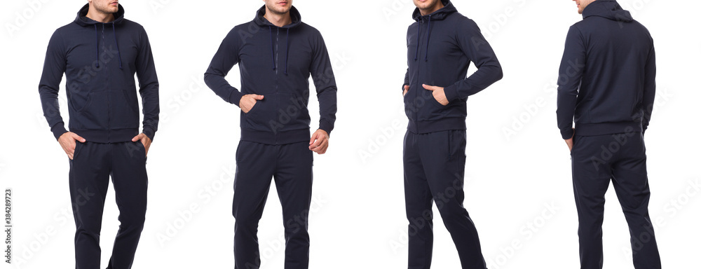 Sport man in a black sports suit with a hood. Front view, side view ...