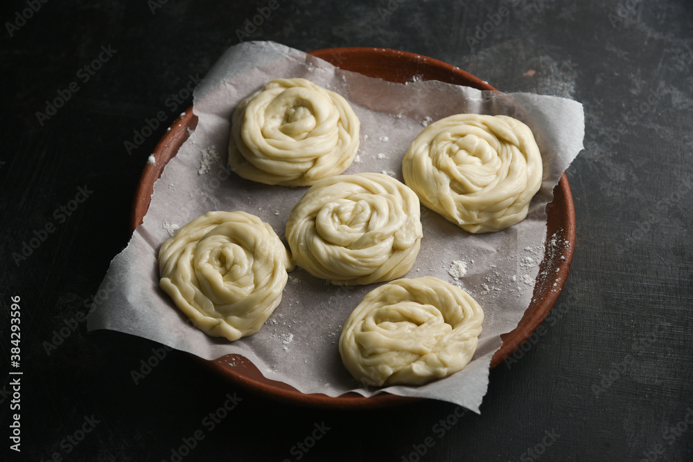 Making preparing of dough Indian flat bread bakery products. Maida or ...