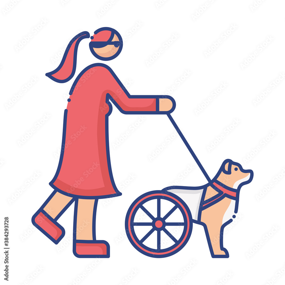 dog disabled with wheels leading the woman blind flat style icon Stock ...