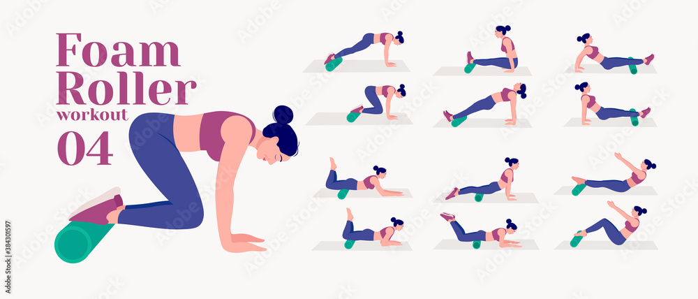 Foam Roller Workout. women exercise vector set. Women doing fitness and ...