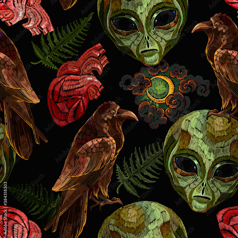 Alchemy seamless pattern. Gothic raven,occult alien head, moon and ...