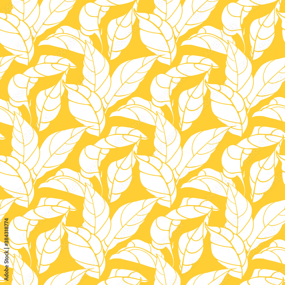 Hand drawn yellow seamless floral pattern with leaves. Outline ...