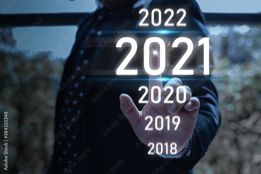Digital infographic celebration 2021 year concept. Businessman pointing ...