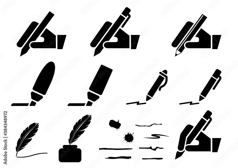 Human hand, pencil day. Cartoon hands holding ball pen icon, Drawing ...