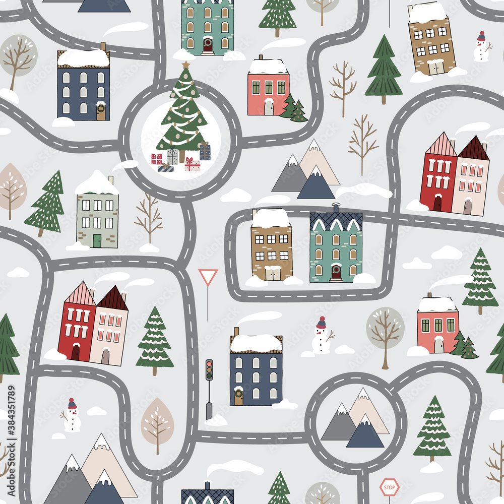 Christmas vector repeat pattern with winter city map for kids Stock ...