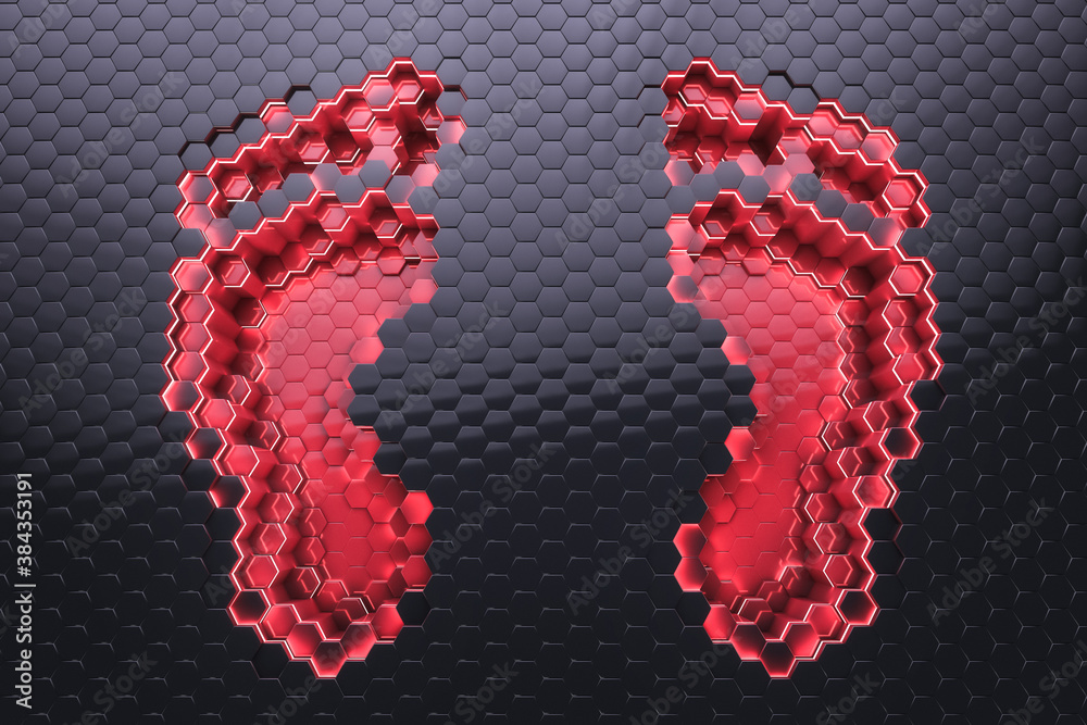 Glowing red Imprint of human feet on the matrix. Digital footprint ...
