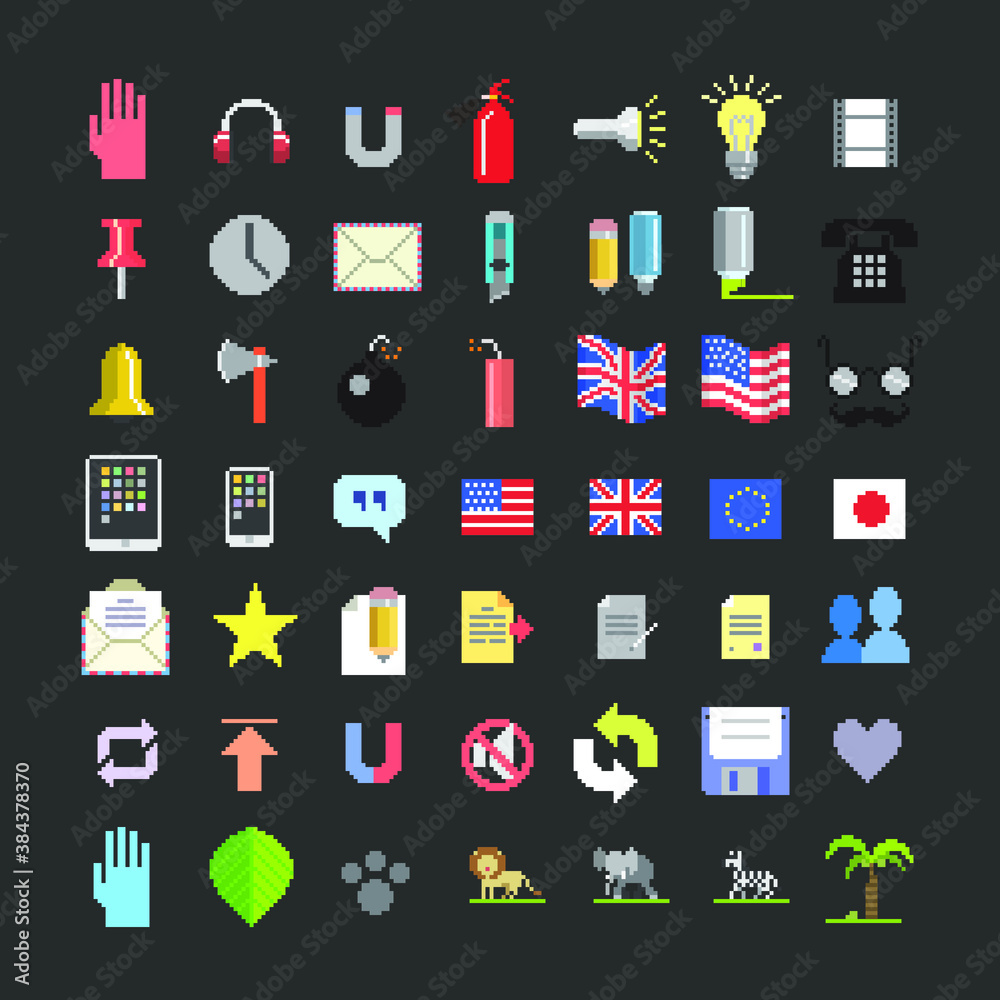 Vector different color pixel art style icons big set, isolated vector ...