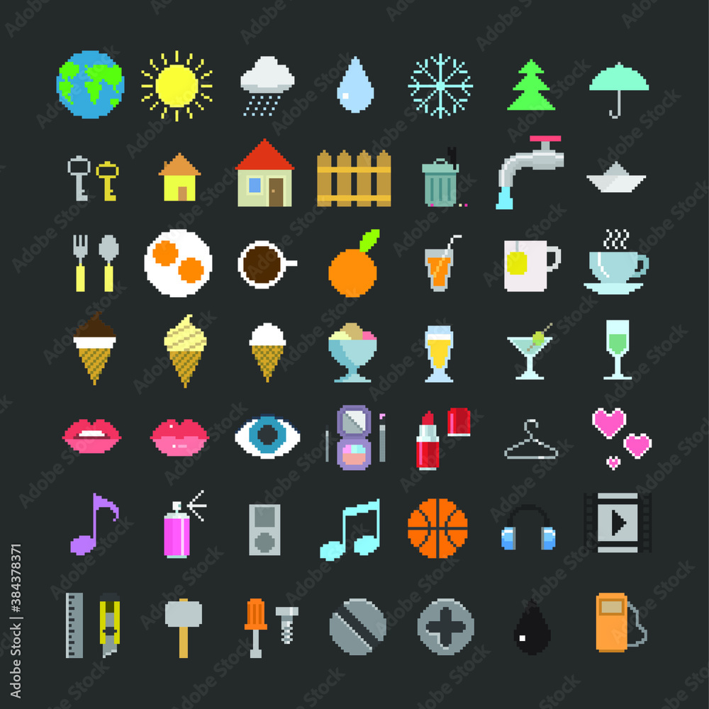 Vector different color pixel art style icons big set, isolated vector ...
