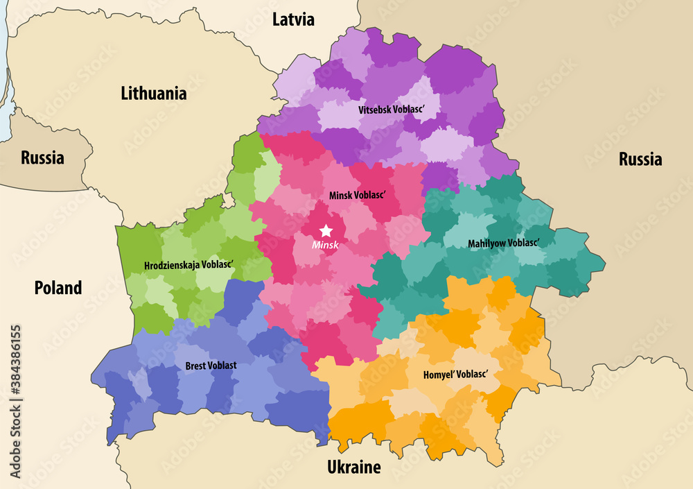 Belarus regions colored by administrative districts vector map with ...