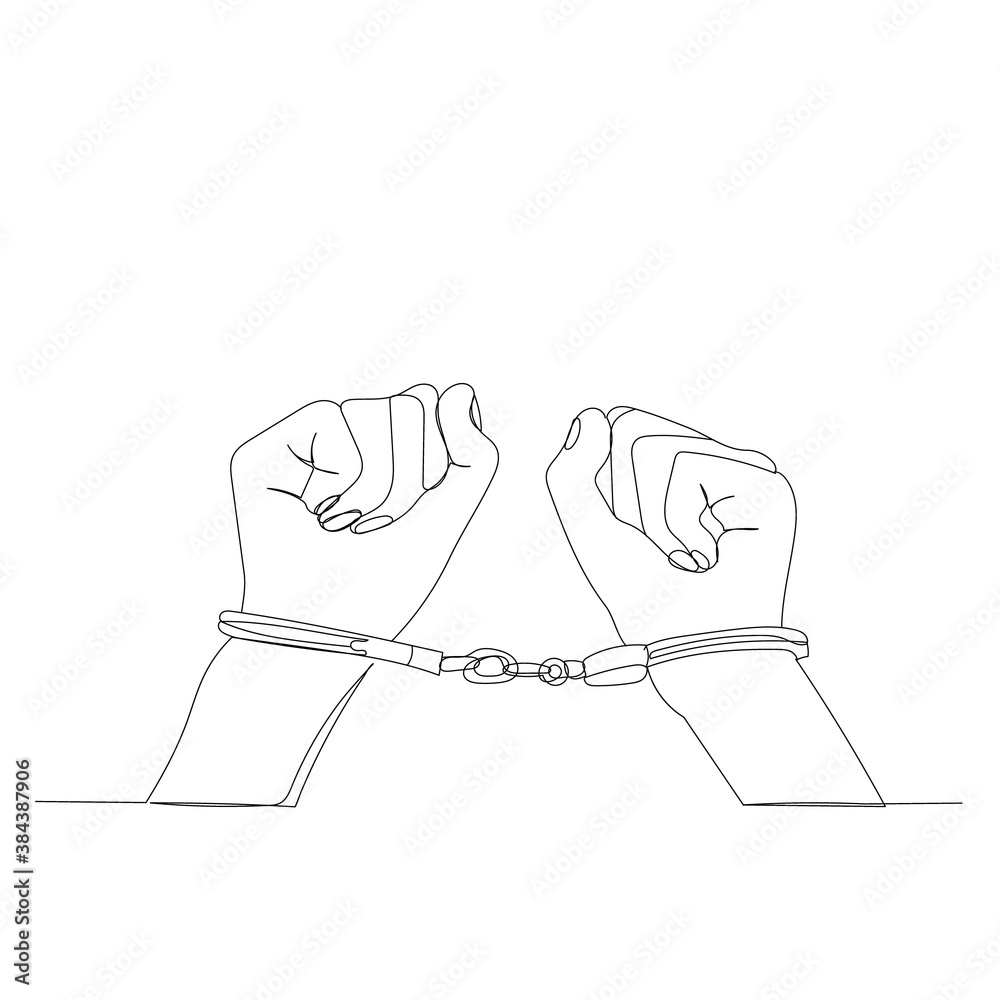 vector, isolated, continuous line drawing of hand in handcuffs Stock ...