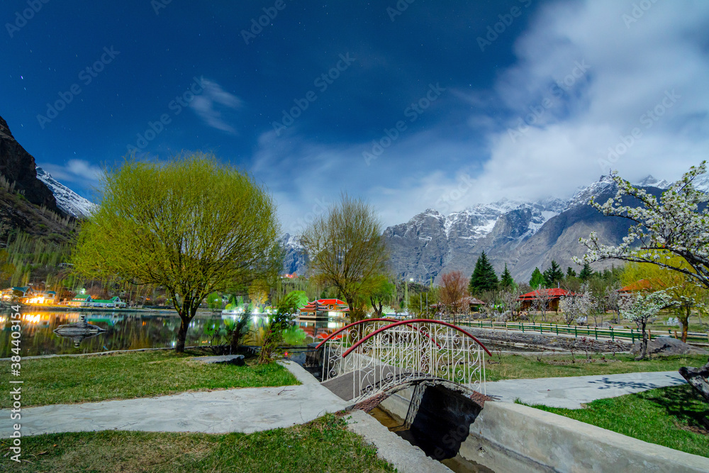 spring landscape with lake and iron bridge, lower kachura lake ...