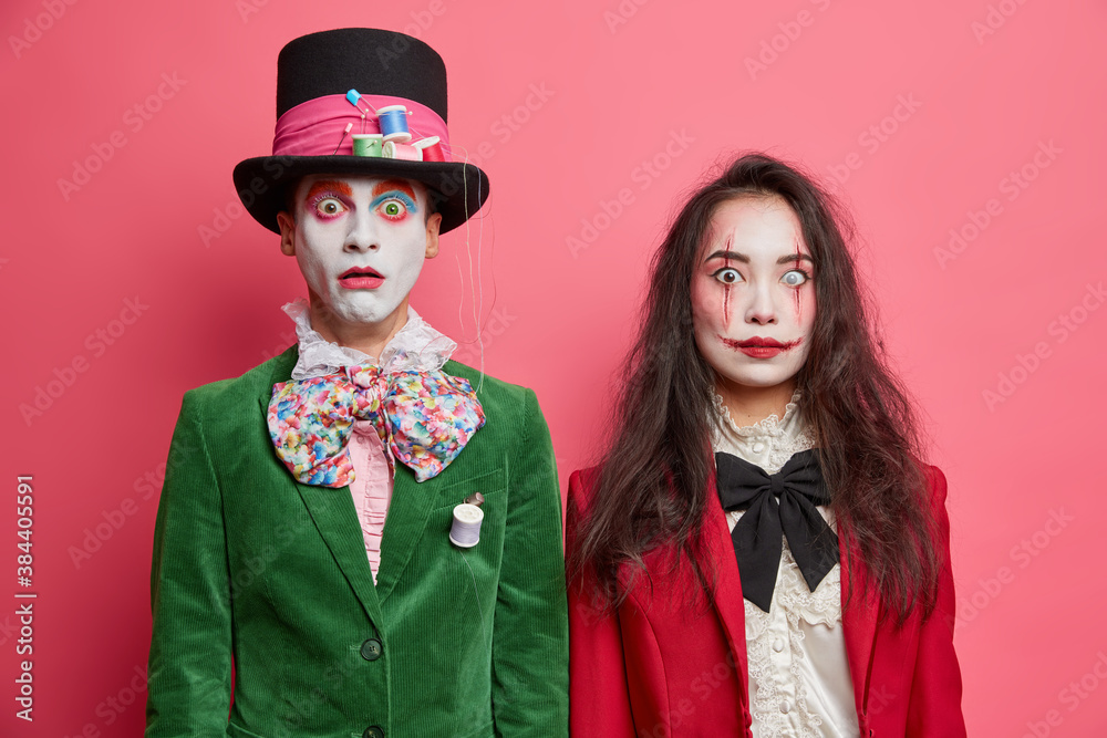 Shocked scary couple celebrate halloween have professional makeup and ...