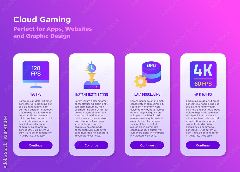 Cloud gaming mobile user interface with gradient icons: 120 FPS, data ...