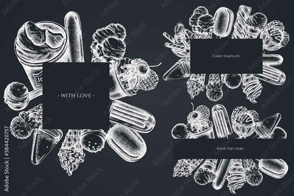 Frames with chalk ice cream bowls, ice cream bucket, popsicle ice cream ...