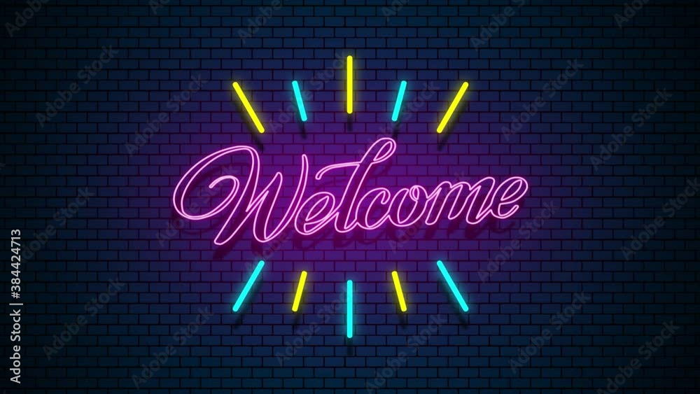 neon welcome illustration with colorful lights,dark brick wall,welcome ...