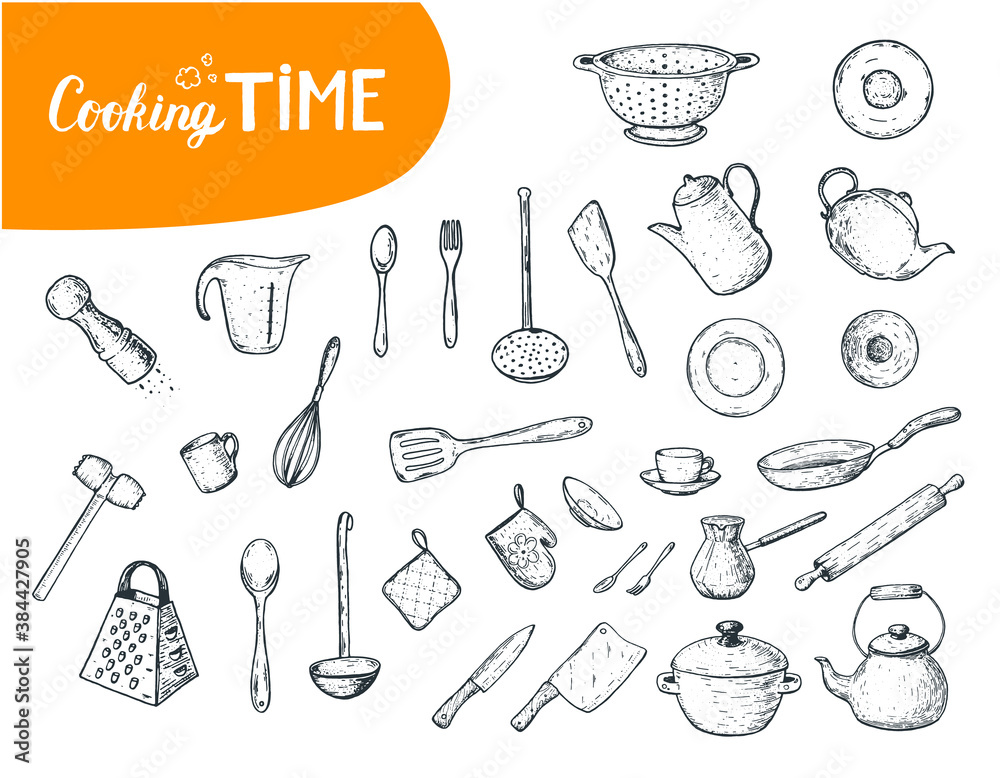 Kitchen utensils hand drawn vector illustration. Different kitchen ...