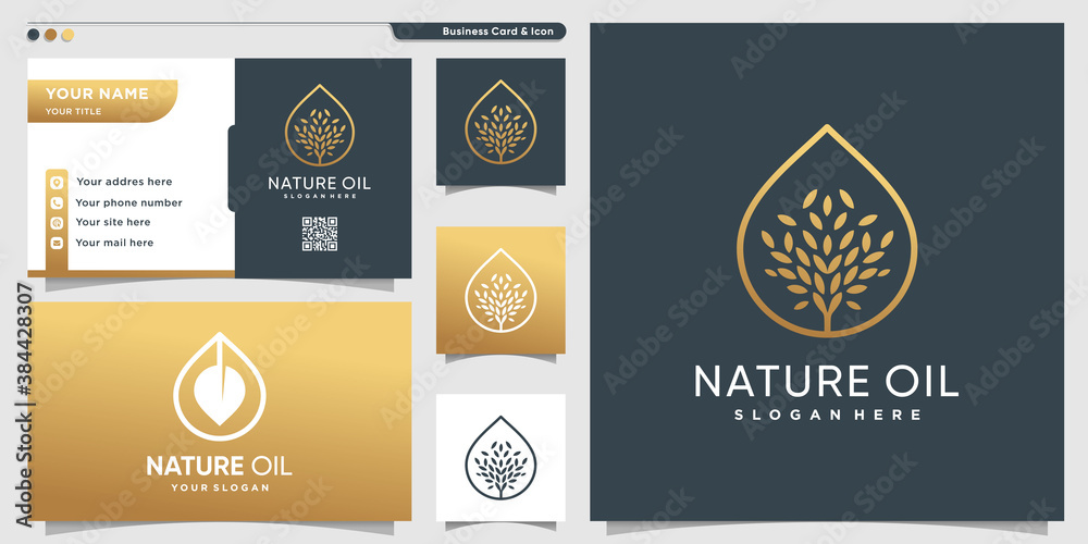 Nature oil logo with golden tree inside line art style and business ...