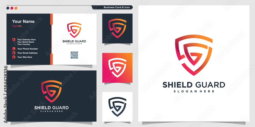 Shield logo with modern line art concept and business card design ...
