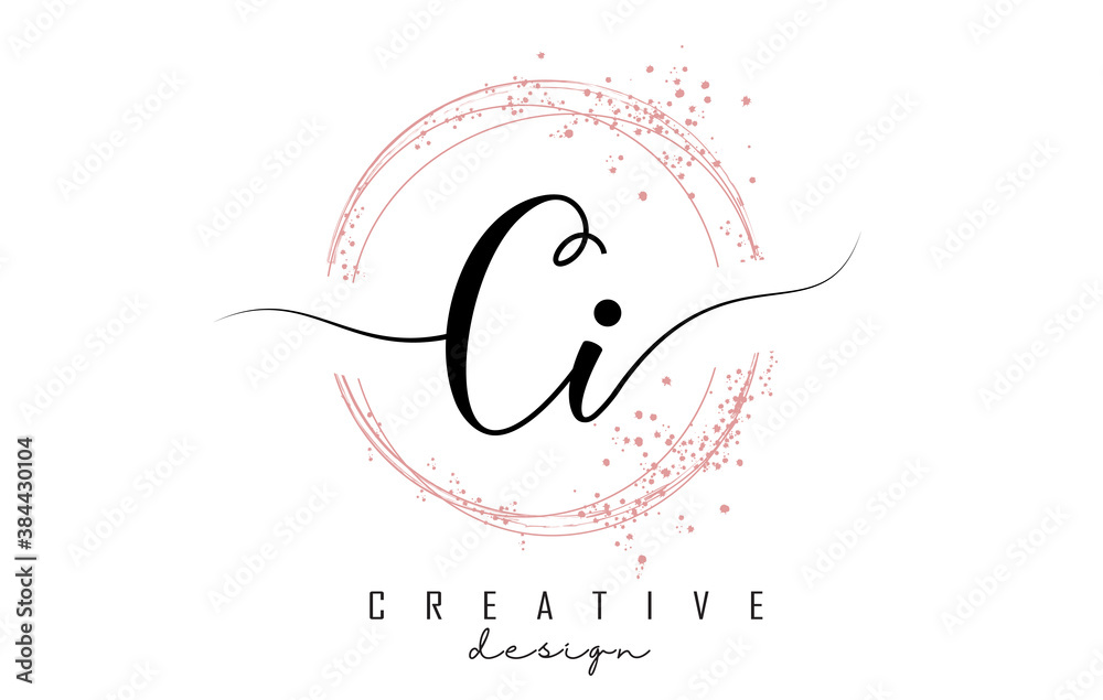 Handwritten CI C I letter logo with sparkling circles with pink glitter ...