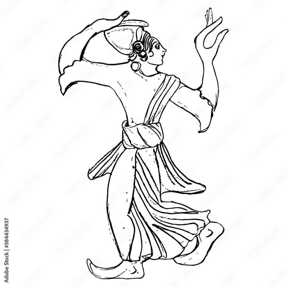 Black and white linear silhouette of dancing Etruscan woman. Hand drawn ...