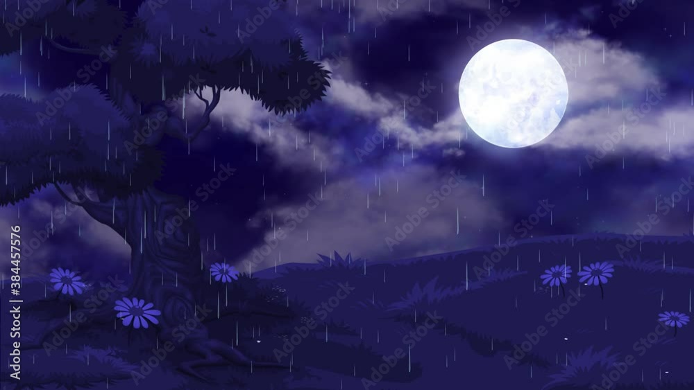 Falling rain on a spring forest night,moonlight and starry sky, moving ...