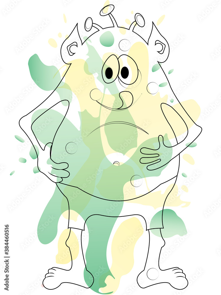 Funny alien icon on the watercolor background for a Halloween postcard ...