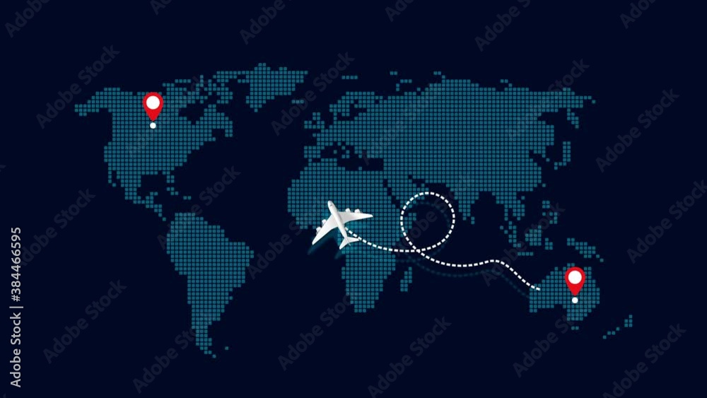 airplane path animation with world map bacground Stock Video | Adobe Stock