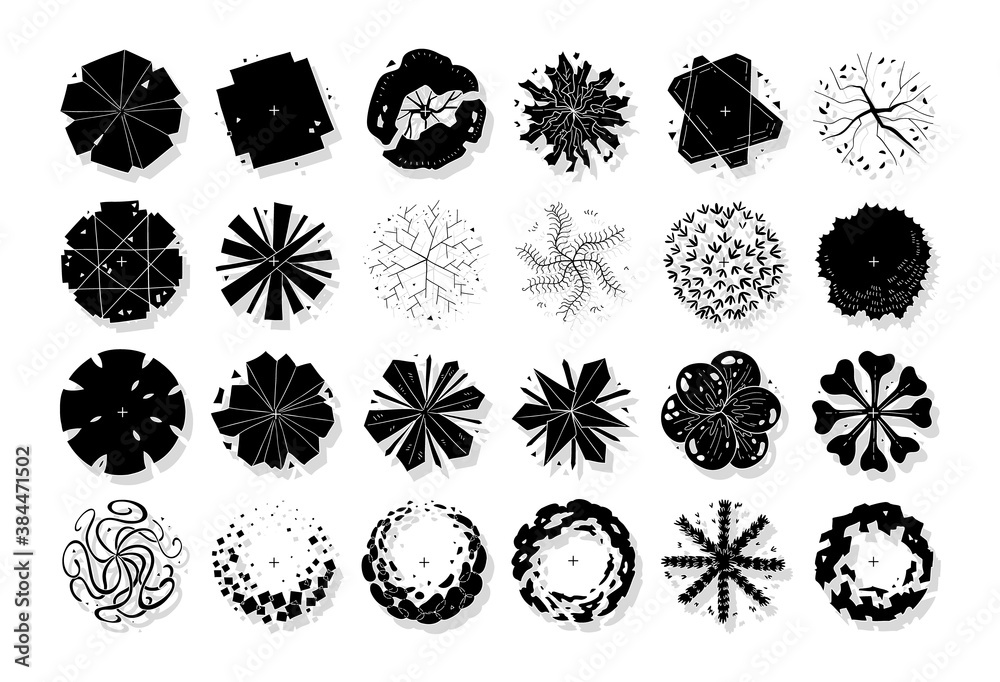 vector of top view tree set, hand drawn sketch isolated on white ...